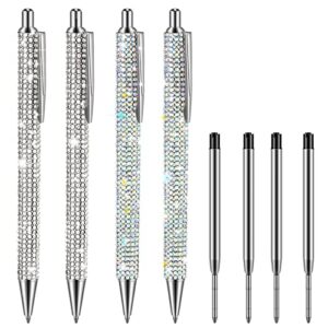 4 pcs rhinestone metal ballpoint pens bling bling pens black ink pens diamond pen big crystal ballpoint pens 4 pcs 1.0mm pen refills for kids students teachers gift (silver, ab silver)