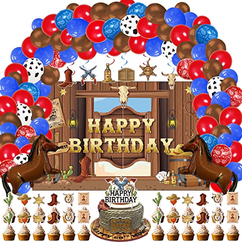 Western Cowboy Birthday Party Decorations, Cowboy Theme Party Supplies for Boys Cowgirl Baby - Backdrop, Cake and Cupcake Toppers, Latex Balloon, Foil Balloon, Hanging Swirls