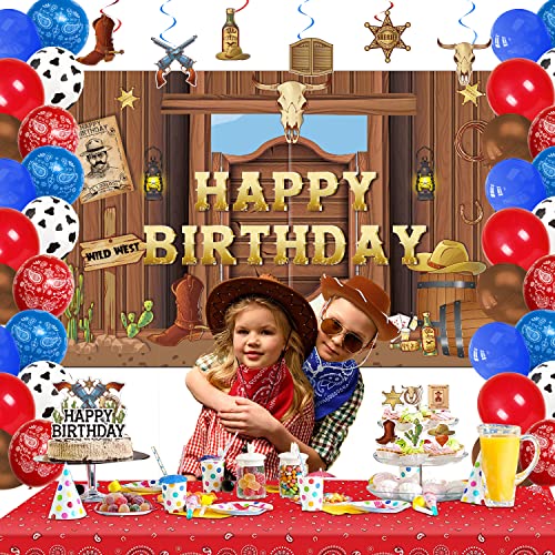 Western Cowboy Birthday Party Decorations, Cowboy Theme Party Supplies for Boys Cowgirl Baby - Backdrop, Cake and Cupcake Toppers, Latex Balloon, Foil Balloon, Hanging Swirls