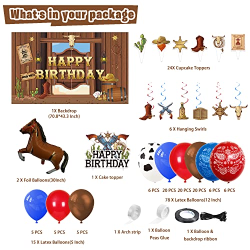 Western Cowboy Birthday Party Decorations, Cowboy Theme Party Supplies for Boys Cowgirl Baby - Backdrop, Cake and Cupcake Toppers, Latex Balloon, Foil Balloon, Hanging Swirls