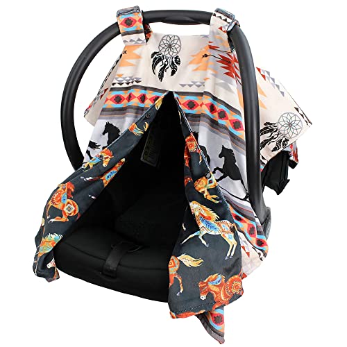 Dear Baby Gear Deluxe Car Seat Canopy - Infant Car Seat Cover - Baby Car Seat Cover - Carseat Canopy - Car Seat Cover for Baby Car Seat (Southwestern Tribal Horses - Reversible Custom Minky 40"x30")