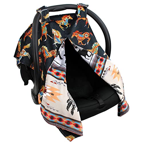 Dear Baby Gear Deluxe Car Seat Canopy - Infant Car Seat Cover - Baby Car Seat Cover - Carseat Canopy - Car Seat Cover for Baby Car Seat (Southwestern Tribal Horses - Reversible Custom Minky 40"x30")