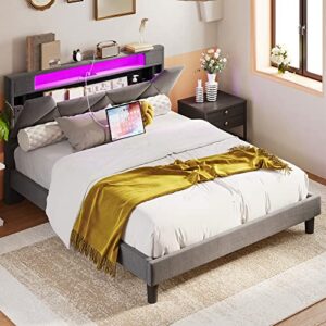 anctor queen bed frame with storage headboard and charging station, led lights upholstered platform bed, heavy duty steel support legs, easy assembly, noise free