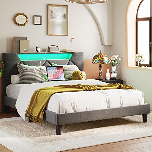 ANCTOR Queen Bed Frame with Storage Headboard and Charging Station, LED Lights Upholstered Platform Bed, Heavy Duty Steel Support Legs, Easy Assembly, Noise Free