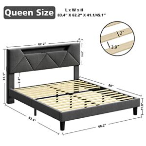 ANCTOR Queen Bed Frame with Storage Headboard and Charging Station, LED Lights Upholstered Platform Bed, Heavy Duty Steel Support Legs, Easy Assembly, Noise Free