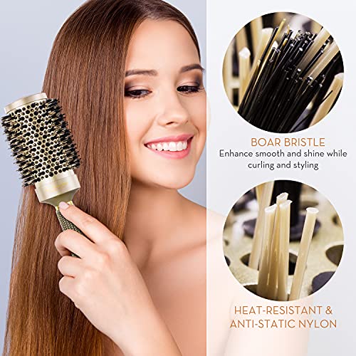 AIMIKE Round Brush Set, Nano Thermal Ceramic & Ionic Tech Hair Brush, Round Barrel Brush with Boar Bristles for Blow Drying, Enhance Texture for Styling, Curling and Shine, 1 Tail Comb + 4 Hair Clips