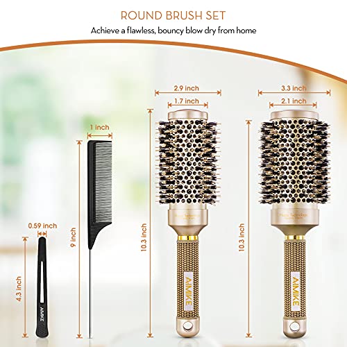 AIMIKE Round Brush Set, Nano Thermal Ceramic & Ionic Tech Hair Brush, Round Barrel Brush with Boar Bristles for Blow Drying, Enhance Texture for Styling, Curling and Shine, 1 Tail Comb + 4 Hair Clips