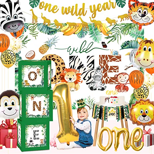 NAIWOXI Wild One Birthday Decorations, Jungle Theme Party Supplies Include High Chair Banner, Wild One Backdrop, Balloon Box, Crown, Garland, Balloons, Topper, Animal Safari First Birthday Decorations