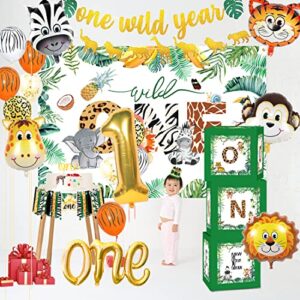 NAIWOXI Wild One Birthday Decorations, Jungle Theme Party Supplies Include High Chair Banner, Wild One Backdrop, Balloon Box, Crown, Garland, Balloons, Topper, Animal Safari First Birthday Decorations