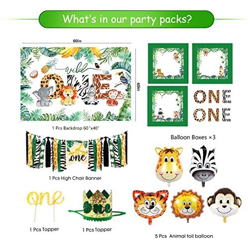 NAIWOXI Wild One Birthday Decorations, Jungle Theme Party Supplies Include High Chair Banner, Wild One Backdrop, Balloon Box, Crown, Garland, Balloons, Topper, Animal Safari First Birthday Decorations