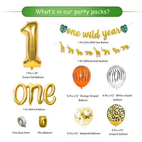 NAIWOXI Wild One Birthday Decorations, Jungle Theme Party Supplies Include High Chair Banner, Wild One Backdrop, Balloon Box, Crown, Garland, Balloons, Topper, Animal Safari First Birthday Decorations