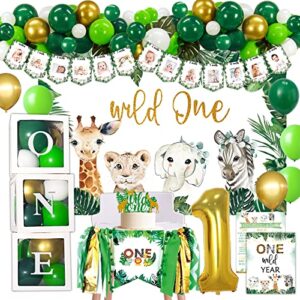 wild one birthday decorations supplies, jungle theme first birthday decoration, wild one backdrop high chair banner, first birthday balloon box for 1st birthday boy girls decorations, jungle safari 1st birthday party supplies