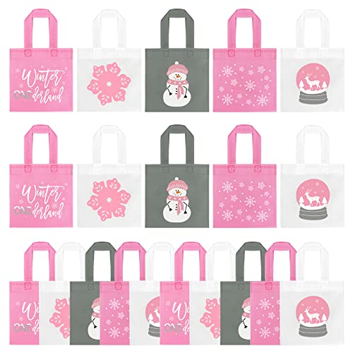 20Pcs Winter Onederland Party Favor Bags, Non-Woven Snowflake Gift Treat Bags Snowman Candy Bag Winter Wonderland Party Bag for Winter Baby Shower Decoration Winter First Birthday Party Supplies