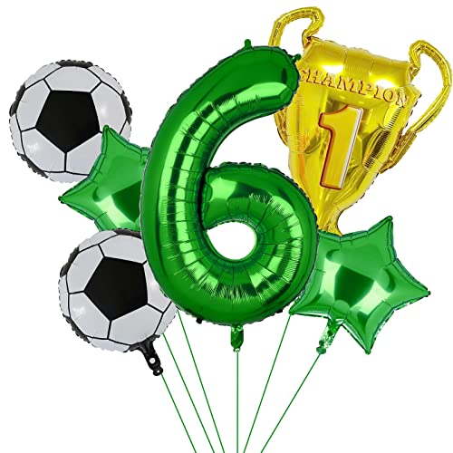 Soccer Balloons 6th Birthday Decoration for Boys, Soccer Balloons Foil Mylar Green Soccer Sports Theme Party Supplies Decor 6Pcs (6th)