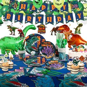 dinosaur birthday party supplies kit for boys, dinosaur party decorations-20 guest-include dino plates cups napkins banner cutlery balloon tablecloth straws toppers