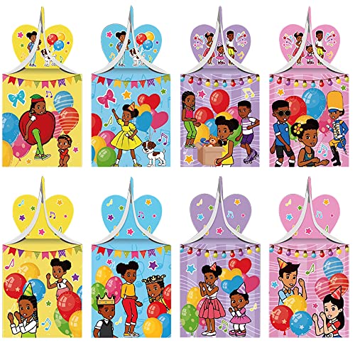 Byhaapy 18Pcs Gracies Party Favor Gift Boxes, Cartoon Corner Goodie Candy Box Black Girls Boys Kraft Treat Boxes for Kids Theme Birthday Party Supplies Table Decoration Baby Shower Decor