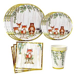 yara woodland creatures theme baby shower & birthday party supplies for boy & girl decorations with paper plates, napkins and cups of forest animal friends fox deer bear racoon tableware set serves 24