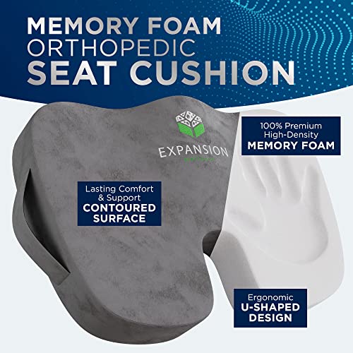 Seat Cushion for Office Chair – Memory Foam Tailbone Pillow Pad for Sitting, Computer, Desk, Chair, Car – Contoured Posture Corrector for Sciatica, Coccyx Back Pain Relief (Grey)