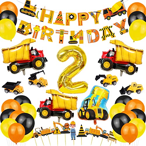 Refasy Birthday Decorations for Boys,Construction Party Supplies for 2nd Birthday Dump Truck and Digger Balloons,Birthday Banner,Cupcake Toppers for Kids Birthday Party