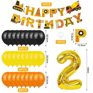 Refasy Birthday Decorations for Boys,Construction Party Supplies for 2nd Birthday Dump Truck and Digger Balloons,Birthday Banner,Cupcake Toppers for Kids Birthday Party