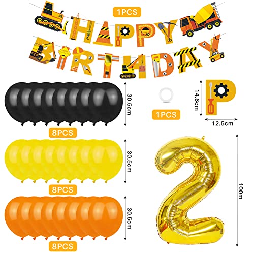 Refasy Birthday Decorations for Boys,Construction Party Supplies for 2nd Birthday Dump Truck and Digger Balloons,Birthday Banner,Cupcake Toppers for Kids Birthday Party