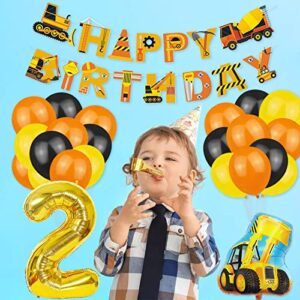 Refasy Birthday Decorations for Boys,Construction Party Supplies for 2nd Birthday Dump Truck and Digger Balloons,Birthday Banner,Cupcake Toppers for Kids Birthday Party