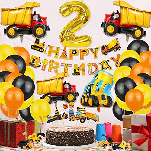 Refasy Birthday Decorations for Boys,Construction Party Supplies for 2nd Birthday Dump Truck and Digger Balloons,Birthday Banner,Cupcake Toppers for Kids Birthday Party