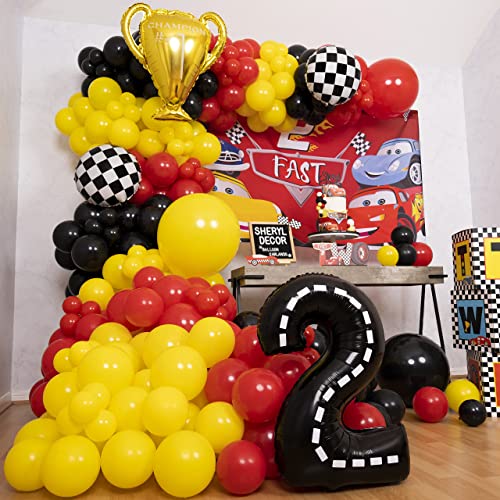 100pcs, EASY DIY – Cars Balloon Garland Kit & Arch with BONUS Trophy & Number 2 - Race Car Balloons for Lightning McQueen Race Car Birthday Party Supplies & Boy Cars Theme Birthday Party Decorations