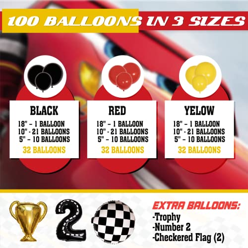 100pcs, EASY DIY – Cars Balloon Garland Kit & Arch with BONUS Trophy & Number 2 - Race Car Balloons for Lightning McQueen Race Car Birthday Party Supplies & Boy Cars Theme Birthday Party Decorations