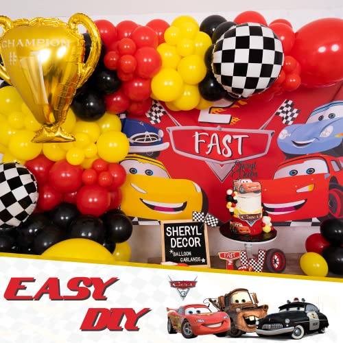 100pcs, EASY DIY – Cars Balloon Garland Kit & Arch with BONUS Trophy & Number 2 - Race Car Balloons for Lightning McQueen Race Car Birthday Party Supplies & Boy Cars Theme Birthday Party Decorations