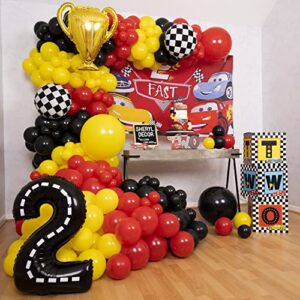 100pcs, EASY DIY – Cars Balloon Garland Kit & Arch with BONUS Trophy & Number 2 - Race Car Balloons for Lightning McQueen Race Car Birthday Party Supplies & Boy Cars Theme Birthday Party Decorations