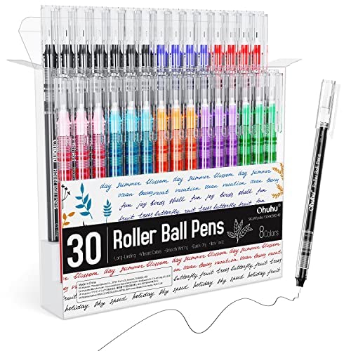 Ohuhu 30 Packs Rollerball Pens: 8 Colors 0.5 mm Ultra Fine Point Pens Quick Drying Smooth Writing Liquid Ink Rolling Ball Pen for Writing Journaling Taking Notes Coloring Book School Office