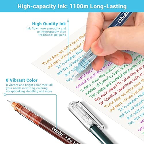 Ohuhu 30 Packs Rollerball Pens: 8 Colors 0.5 mm Ultra Fine Point Pens Quick Drying Smooth Writing Liquid Ink Rolling Ball Pen for Writing Journaling Taking Notes Coloring Book School Office