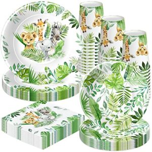 hipvvild safari jungle theme party supplies for boys - jungle safari birthday baby shower decorations tableware include 9" party plates, 7" plate, cups, napkins, safari party decorations | serve 48