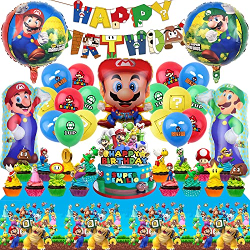 Mario Birthday Party Supplies, Birthday Decorations Set Include Banner Balloons Cake Cupcake Toppers Tablecloth for Boys Girls Video Game Theme Party