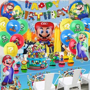 Mario Birthday Party Supplies, Birthday Decorations Set Include Banner Balloons Cake Cupcake Toppers Tablecloth for Boys Girls Video Game Theme Party