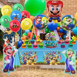 Mario Birthday Party Supplies, Birthday Decorations Set Include Banner Balloons Cake Cupcake Toppers Tablecloth for Boys Girls Video Game Theme Party