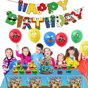 Mario Birthday Party Supplies, Birthday Decorations Set Include Banner Balloons Cake Cupcake Toppers Tablecloth for Boys Girls Video Game Theme Party