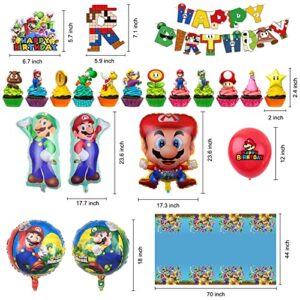 Mario Birthday Party Supplies, Birthday Decorations Set Include Banner Balloons Cake Cupcake Toppers Tablecloth for Boys Girls Video Game Theme Party