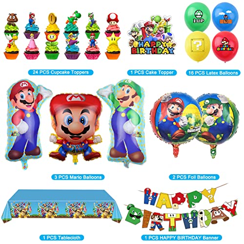 Mario Birthday Party Supplies, Birthday Decorations Set Include Banner Balloons Cake Cupcake Toppers Tablecloth for Boys Girls Video Game Theme Party