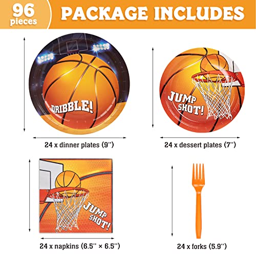 DECORLIFE Basketball Party Supplies Serves 24, Basketball Plates and Napkins Set for Boys Birthday, Total 96 PCS