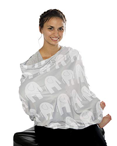 MoM-me Nursing Cover, Multi use for Baby Car Seat Cover, Breastfeeding, Canopy, Stroller and Infant Pillow Wrap or Cover Ups. for Boys and Girls. Grey/White Elephant Design