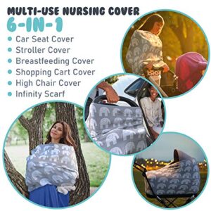 MoM-me Nursing Cover, Multi use for Baby Car Seat Cover, Breastfeeding, Canopy, Stroller and Infant Pillow Wrap or Cover Ups. for Boys and Girls. Grey/White Elephant Design