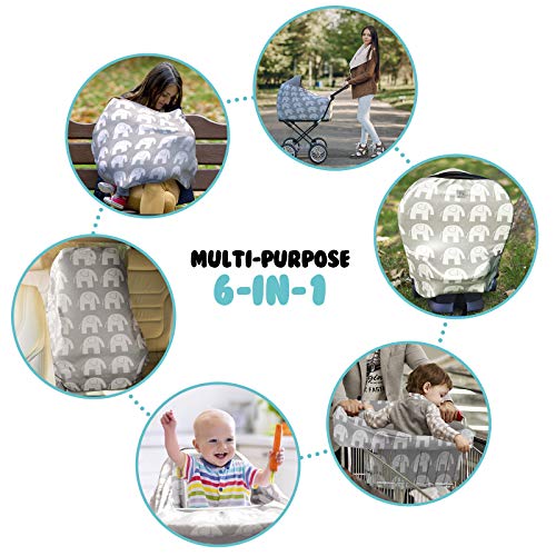 MoM-me Nursing Cover, Multi use for Baby Car Seat Cover, Breastfeeding, Canopy, Stroller and Infant Pillow Wrap or Cover Ups. for Boys and Girls. Grey/White Elephant Design