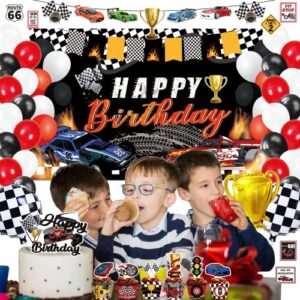 Race Car Birthday Party Supplies, 142 Pcs Racecar Racing Party Decorations for Boys Baby - Backdrop, Banner, Cake, and Cupcake Toppers, Balloons, Cupcakes Wrappers, Party Traffic Signs, Flags