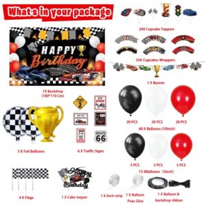 Race Car Birthday Party Supplies, 142 Pcs Racecar Racing Party Decorations for Boys Baby - Backdrop, Banner, Cake, and Cupcake Toppers, Balloons, Cupcakes Wrappers, Party Traffic Signs, Flags