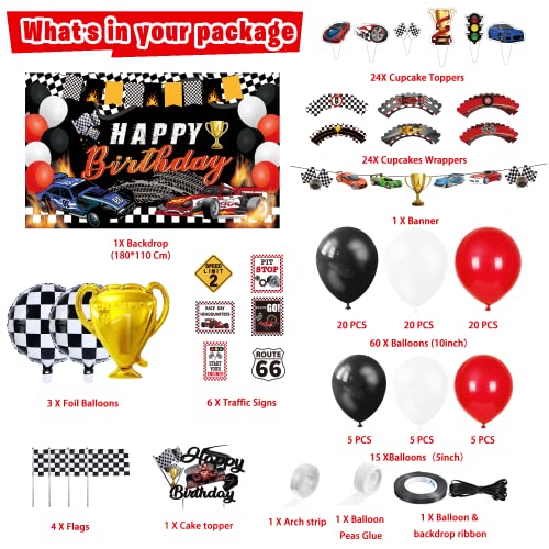 Race Car Birthday Party Supplies, 142 Pcs Racecar Racing Party Decorations for Boys Baby - Backdrop, Banner, Cake, and Cupcake Toppers, Balloons, Cupcakes Wrappers, Party Traffic Signs, Flags