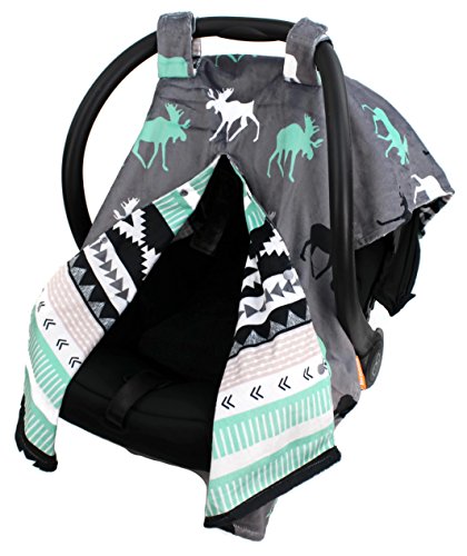 Dear Baby Gear Deluxe Car Seat Canopy - Infant Car Seat Cover - Baby Car Seat Covers - Carseat Canopy for Infant Car Seats - Car Seat Cover (Reversible Black, Grey, Mint Moose, Aztec Minky 40"x30")