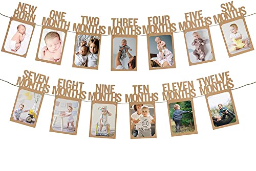 IMETBOX First Birthday Photo Banner Kraft - 1st Birthday Photo Banner from Newborn to 12 Months for 6-7 Inch Photo - Photo Banner for 1st Birthday Girl, Boy, No Pre-strung, 8.9*5.3 Inch