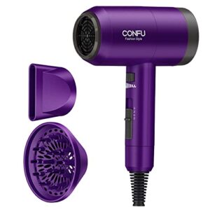 ionic hair dryer, portable lightweight diffuser hair dryer, hair blow dryer with 2 attachments use for curly/wavy/straighten hair, blow dryer fast drying ideal chocie for women and girls purple